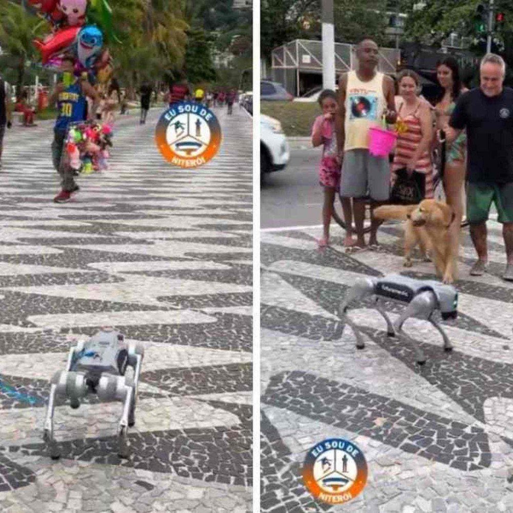 Robô 'passeia' com cachorro cibernético em calçadão de praia do Rio