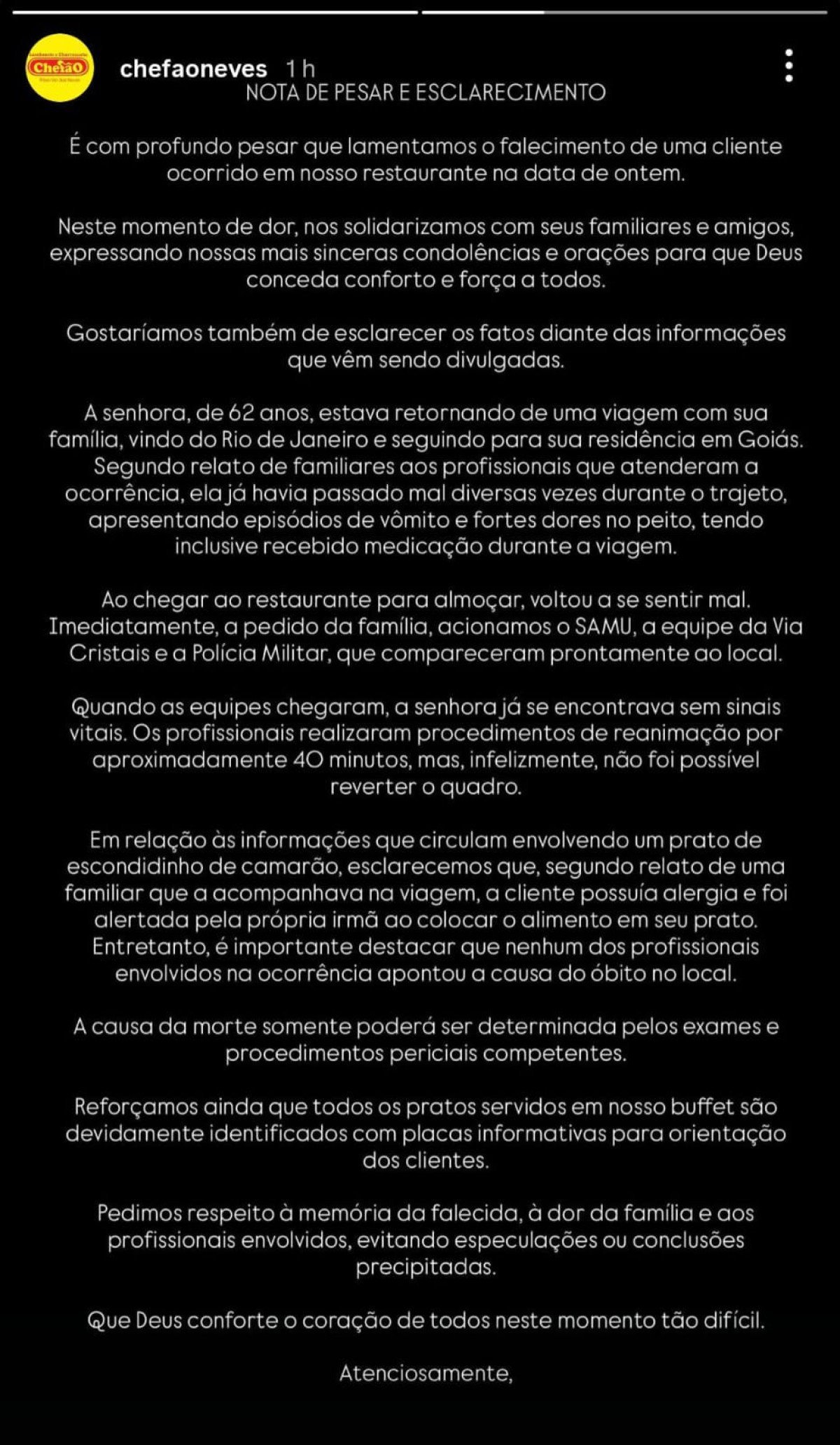 Restaurante lamenta morte de mulher que passou mal durante almoço