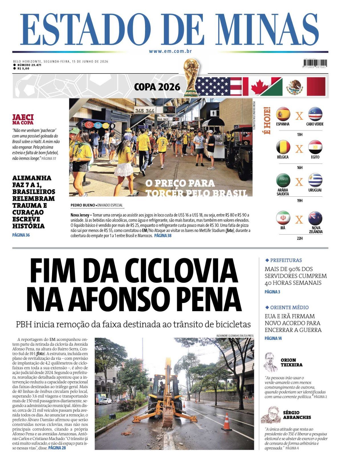 Confira a capa do Estado de Minas do dia 15/06/2026